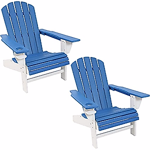 Sunnydaze All-Weather Blue/White Outdoor Adirondack Chairs with Drink Holders - Set of 2 - Heavy Duty HDPE Weatherproof Patio Chair - Ideal for Lawn, Garden, and Around The Firepit