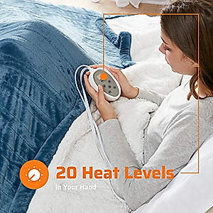 Soft Sherpa Heated Electric Blanket Twin XL Size, | Controller with 1-10 Hour Auto Shut Off | 20 Heat Settings | Washable, 64" x 86" Blue