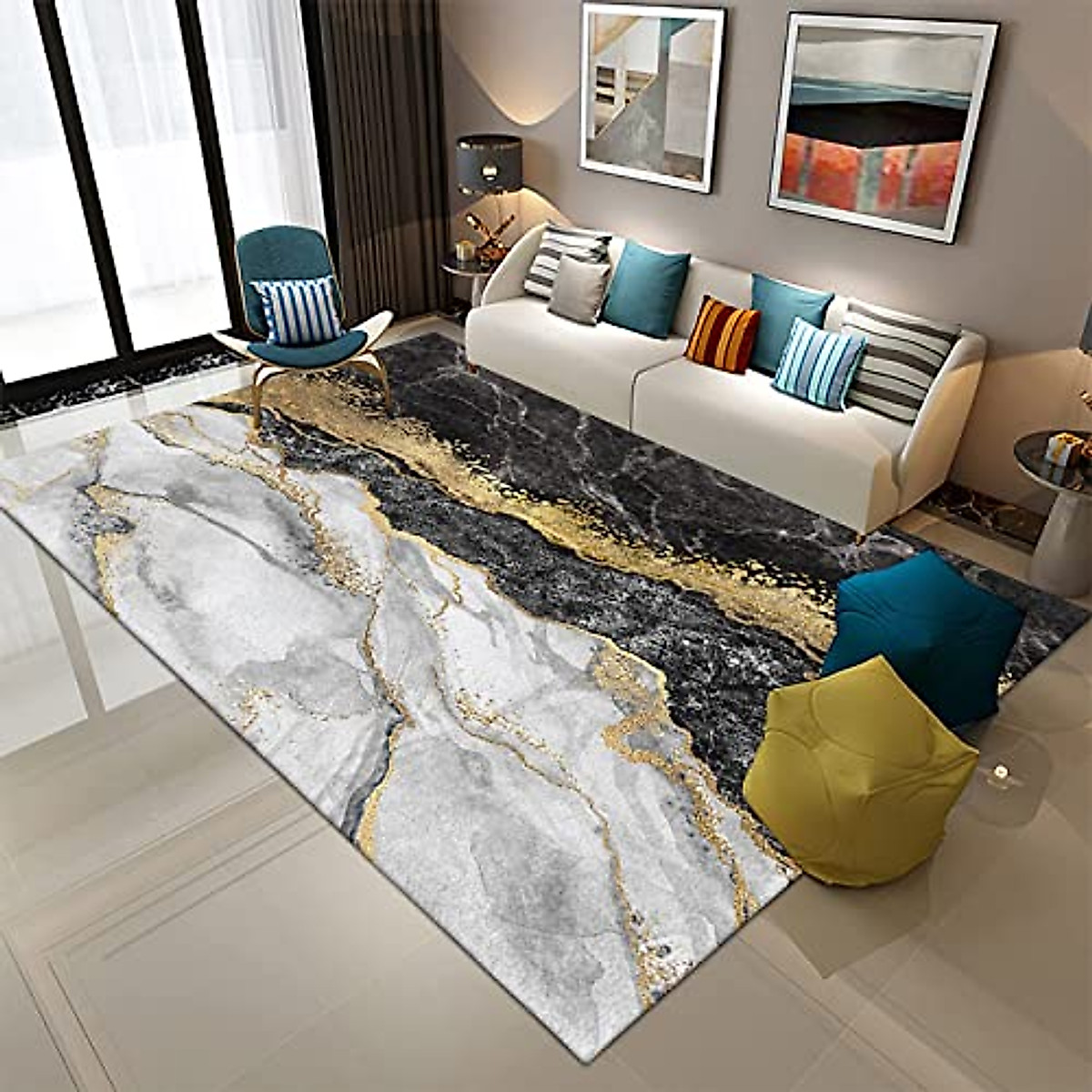 Abstract Modern Marble Area Rug, Black and Gold Marble Rugs Floor Carpet, Indoor Non-Slip Rug for Room Sofa Living Room Mat Bedroom Home Decor Floor Mats 6.6' x 5.3'