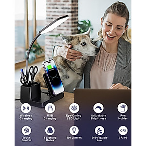 Sailstar Desk Lamp with Wireless Charger USB Charging Port, LED Desk Lamps for Home Office, 800LM 3 Lighting Modes Dimmable Pen Holder 360°Gooseneck, Eye-Caring Desk Light for College Dorm Room, Black