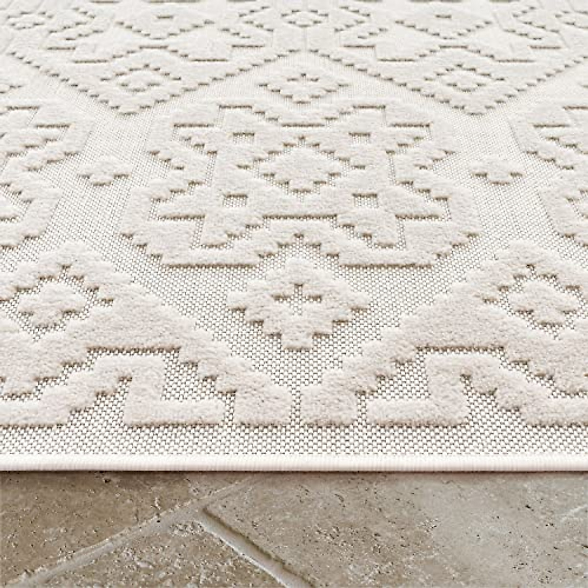 Paco Home in- & Outdoor Rug Modern Carved Boho Pattern in Cream, Size: 6'7" x 9'6"