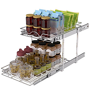 OCG 2 Tier Pull Out Cabinet Organizer (15.5" W x 21" D), Pull Out Drawers for Kitchen Cabinets, Pull Out Shelves for Base Cabinet Organization in Kitchen Bathroom Pantry, Chrome Finish