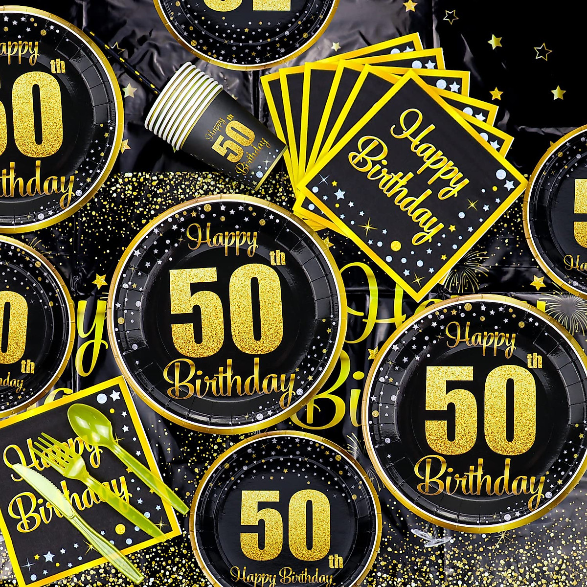 50th Birthday Decorations - Black and Gold Party Decorations, Black Gold Balloons, Banner, Plates, Napkins, Cups, Tablecloth, Birthday Party Supplies for Women and Men, Serve 20