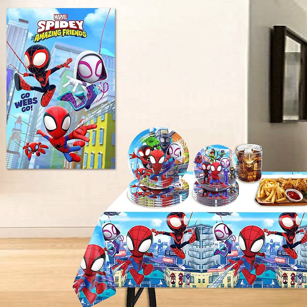 Eazyco Spidey and His Amazing Friends Balloon, 1 Tablecover, 20 Plates, 20 Napkins, Unisex, Birthday Party Supplies
