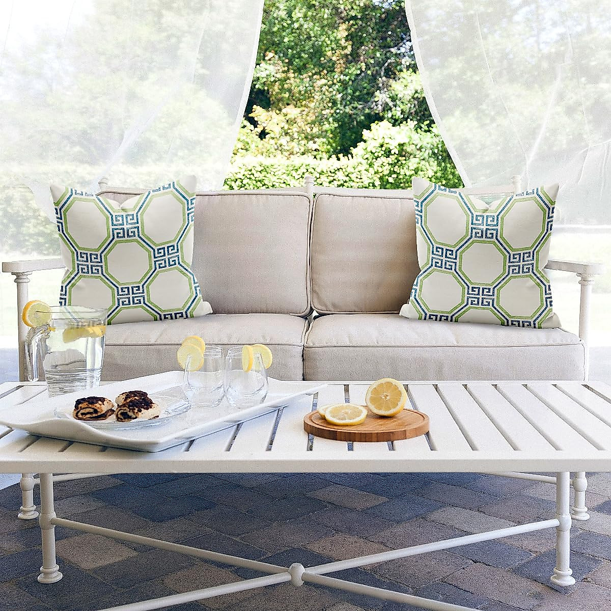 SMF Chinoiserie Pillow Covers 18x18 Set of 2,Greek Key Green Pillow Cover Abstract Stripes Linen Throw Pillow Cover Outdoor Pillows Cases Suitable for Couch Pillows Living Room Bedroom