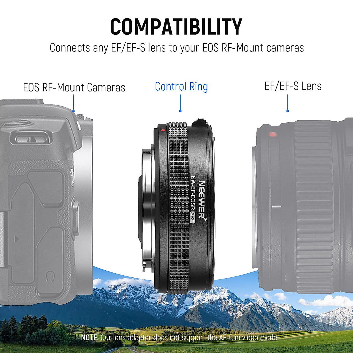 NEEWER EOS EF to RF Lens Adapter, Auto Focus Lens Mount Adapter with Control Ring, Compatible with Canon EF/EF-S Lens EOS R EOS Ra EOS RP EOS R5 EOS R6 EOS R3 - NW-EF-EOSR ARC, Max Load: 4.4lb/2kg