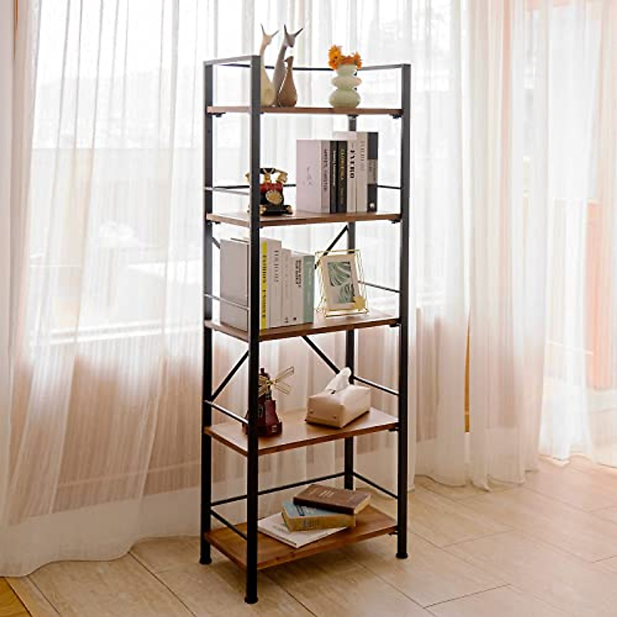 Crofy Rustic Bookshelf, 5 Tier Real Wood Bookshelf, Metal Book Shelf for Storage, Black Bookcase, 12.6" D x 23.62" W x 64.17" H