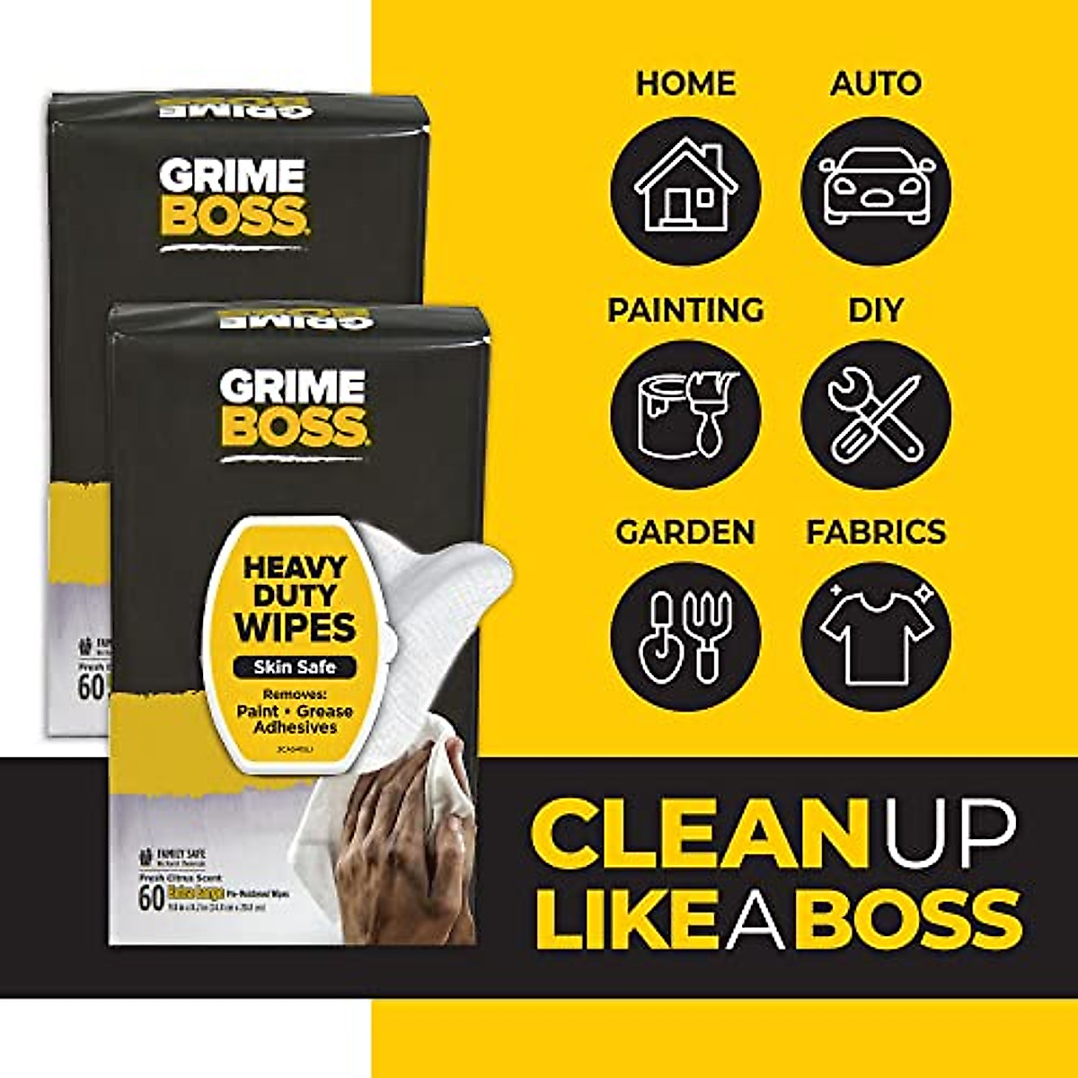 Grime Boss Heavy Duty Wipes (2 X 60Ct) Wet Wipes Used for Hands, Equipment, Tools, Garden, Automotive Easily Removes Oil, Grease, Paint and Dirt
