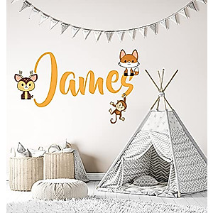 Personalized Boys Name Wall Decal - Boys & Girls Custom Name Wall Decal - Fox Wall Decal -Baby Deer Fox and Monkey Animal Theme - Wall Decal for Nursery Bedroom Decoration (Wide 16"x10" Height)