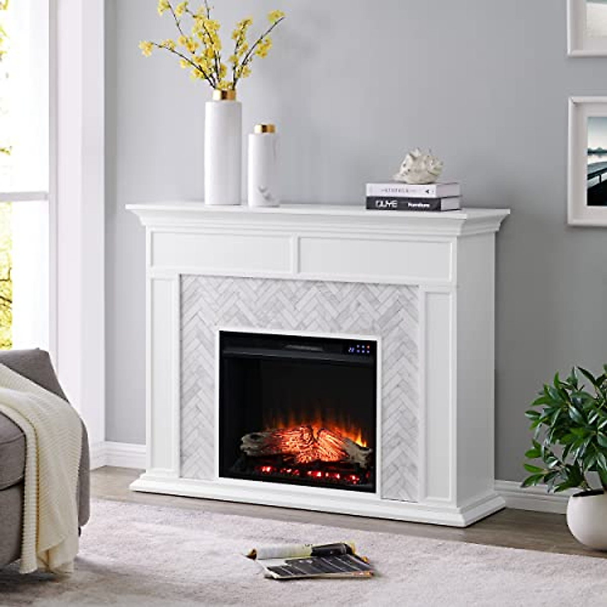 SEI Furniture Torlington Marble Tiled Touch Screen Electric 50" Fireplace w/Remote Control - White/Gray Marble
