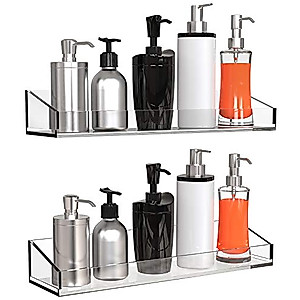 Vdomus Acrylic Bathroom Shelves, Wall Mounted no Drilling Thick Clear Storage & Display shelvings, 2 Pack (Original) and Tempered Glass Bathroom Shelf with Towel bar Wall Mounted Shower Storage