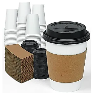 Ginkgo [100 Pack 12 oz Disposable Thickened Paper Coffee Cups with Lids and Sleeves, To Go Hot Coffee Cups for Home, Office, Wedding and Cafes
