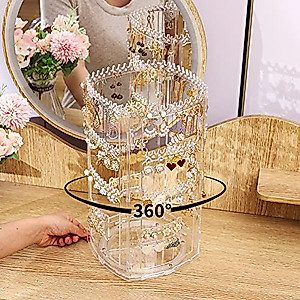 360 Rotating Earring Holder Organizer and Jewelry Displays,Clear Dangle Earinging Rack Necklace Bracelet Carousel Tree Towers,4 Tier Hanging Earring Display Stands for Necklaces Earrings Piercings