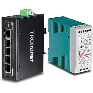 TRENDnet 5-Port Hardened Industrial Gigabit DIN-Rail Switch, 10 Gbps Switching Capacity, IP30 Rated Network Switch (-40 to 167 ºF),Black,TI-G50 & 60 W Single Output Industrial DIN-Rail Power Supply