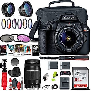 Canon EOS Rebel T100 / 4000D DSLR Camera with 18-55mm Lens + Canon EF 75-300mm Lens + 64GB Memory Card + Color Filter Kit + Case + Corel Photo Software + LPE10 Battery + More (Renewed)
