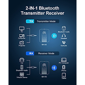 Aisidra Bluetooth Transmitter Receiver V5.0 Bluetooth Adapter for Audio, 2-in-1 Bluetooth AUX Adapter for TV/Car/PC/MP3 Player/Home Theater/Switch, Low Latency, Pairs 2 Devices Simultaneously