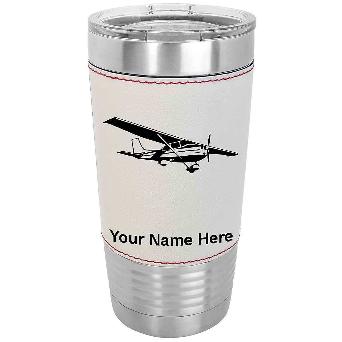 LaserGram 20oz Vacuum Insulated Tumbler Mug, High Wing Airplane, Personalized Engraving Included (Faux Leather, Baseball Style)