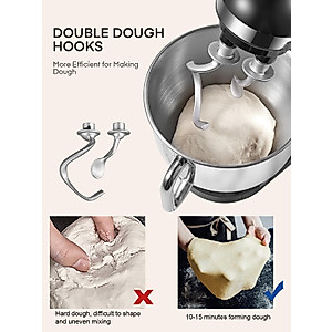 Stand Mixer Fohere, with Double Dough Hook, Wire Whip & Beater, 6+ P Speed Tilt-Head Food Mixer, Pouring Shield for Home Cooking, Dishwasher Safe Stainless Steel Bowl with Handle (Black)