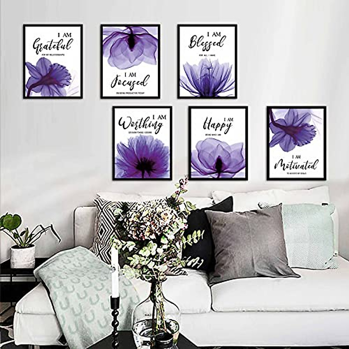 FWK Purple Elegant Tulip Inspirational Quotes Wall Decor Bathroom Wall Art Painting Spa Bathroom Woman Girl Bedroom Living Room Art Prints Set of 6 (8”X10” Canvas Picture) Home Decor Unframed