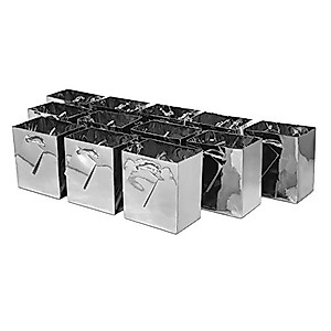Silver Gift Bags - 12 Pack Extra Small Silver Foil Gift Bags with Handles, Designer Solid Silver Paper Gift Wrap Bags for Birthdays, Party Favors, Baby Shower, Bachelorette, Weddings, Holiday Presents, Bulk - 4x2.75x4.5