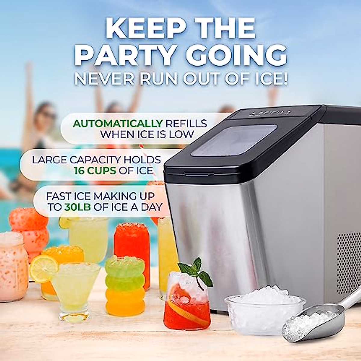 Zulay 3X Size Soft Ice Maker with Water Line Hook Up - Extra Large Storage, 16 Cups of Chewable Ice with No Waiting - Self-Cleaning Pebble Ice Makers - Stainless Steel Sonic Nugget Ice Maker