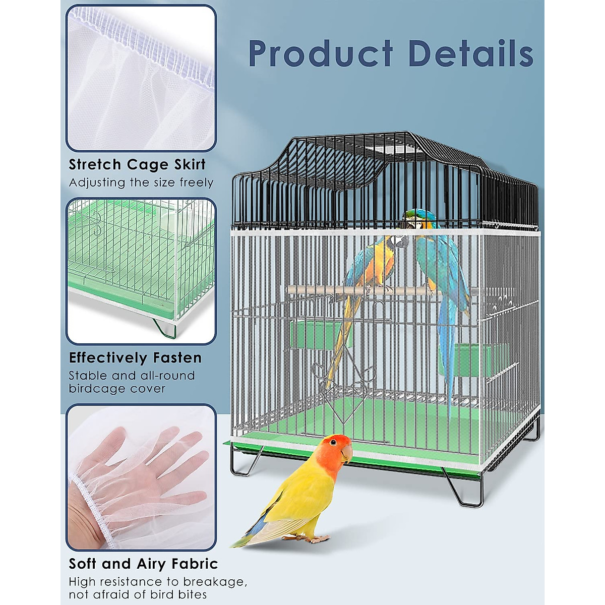 Bissap Bird Cage Seed Catcher, 59-90'' Universal Birdcage Net Nylon Adjustable Elastic Band Stretchy Skirts Mesh Cover for Parrot Cage Seed Guard (Not Include Birdcage)- White