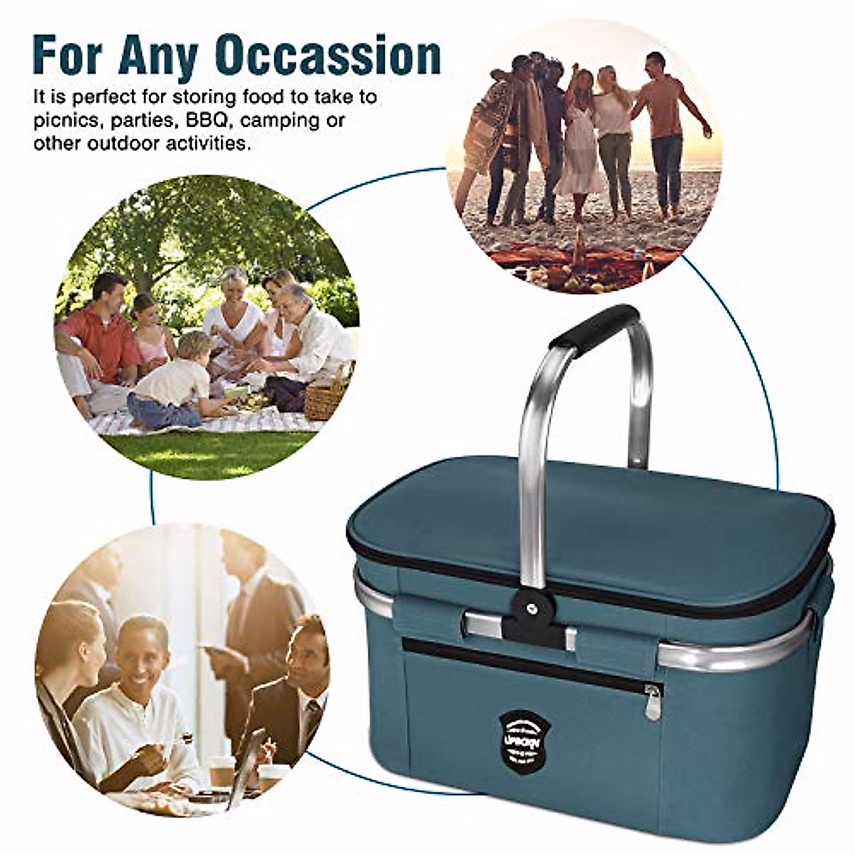 UPBOXN Insulated Cooler Bag Picnic Basket, 27L Leakproof Collapsible Portable Cooler, Grocery Bag Picnic kit with Aluminium Handle for Travel, Shopping, Camping, Music Festival Oktoberfest, Navy