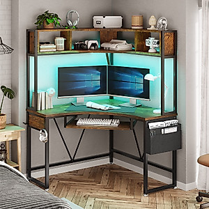 SEDETA Corner Desk, Small Computer Desk with Hutch & LED Lights, Triangle Corner Computer Desk with Keyboard Tray, Storage Bag, and Headphone Hook for Small Space, Small Office Desk, Rustic Brown