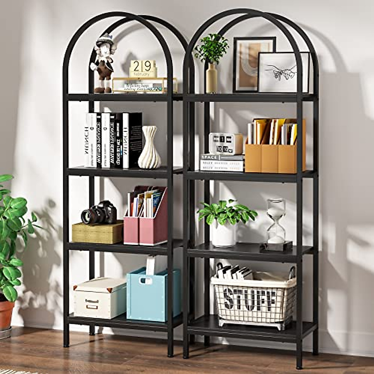 LITTLE TREE 4-Tier Arched Bookshelf, Tall Open Bookcase Storage Shelves, Wood Metal Freestanding Display Rack Tall Shelving Unit for Home Office, Bedroom, Living Room, Industrial Black