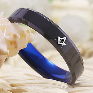 Masonic Freemason Ring/Masonic Compass Square Ring - 4mm/6mm Black Bevel Polished Finished and Blue Inside Tungsten Carbide Ring-Free Customized Engraving (4mm Width, 11)