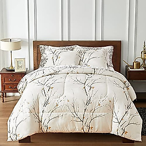 UOZZI BEDDING Cream White Bed in a Bag Twin 6 pc Branch Style All Season Soft Microfiber Reversible Bed Comforter Set (1 Comforter 2 Pillow Shams 1 Flat Sheet 1 Fitted Sheet 1 Pillowcases)