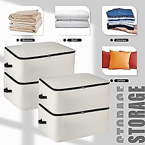 4 Pcs Large Canvas Storage Bag Thick Blanket Storage Bags Soft Breathable Closet Organizer with 3 Side Zipper Open and Handles for Comforter Wardrobe Garment Dress Closet, Beige, 23.6 x 18.9 x 11 Inch
