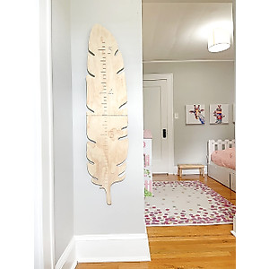 LittleRobbieCo. Wooden Growth Chart for Kids | Feather Design Height Chart for Kids | Natural Pine Laser Engraved Kids Growth Chart for Wall w/Mount | Foldable Kids Height Wall Chart