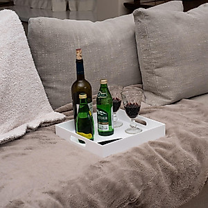 MUKEEN Glossy White Acrylic Serving Tray with Handles, 12x12x2H Inches - Spill Proof, Decorative Trays for Countertop, Ottoman Coffee Table, Nightstand, Breakfast, Tea, Food