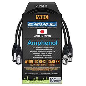 WORLDS BEST CABLES 2 Units - 1 Foot - Canare L-4E6S, Star Quad Balanced Male to Female Microphone Cables with Amphenol AX3M & AX3F Silver XLR Connectors - Custom Made