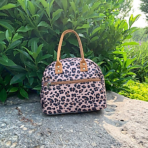 FlowFly Insulated Lunch Bag With Shoulder Strap for Women, Men, and Kids, Large and Reusable, Handle, Freezable Work and School Travel Tote and Meal Prep Organizer,Leapard