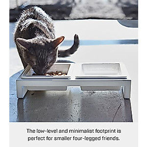 Yamazaki Home Tower Steel and Ceramic Pet Food Stand | 2 Bowls for Food and Water | Feeder for Small Cats and Dogs | Non-Slip - Short - 1.25 Cups, 300 Milliliters Per Bowl, White