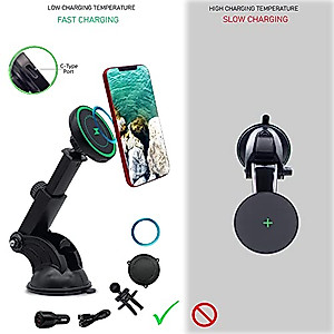 KLEVERIDE - Magnetic Wireless Charger Car Mount/Phone Holder with Flexible Angle, Fast Charging, Strong Magnet, Mounted on Dashboard/Windshield/Air Vent, Compatible with MagSafe iPhone 12/13/14 Series