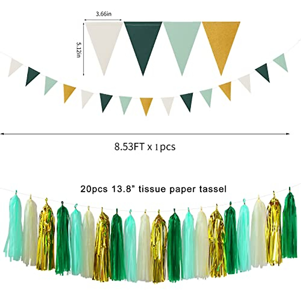 Sage-Green Beige-Gold Birthday Decorations - 31pcs Party Kits Happy Birthday Banner Flags,Tissue Paper Pom Poms,Tassel Streamers Garland Decor for 13th 18th 21th Princess Girl Woman Panduola
