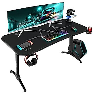 Furmax Gaming Desk T-Shaped Pc Computer Table with Carbon Fiber Surface Free Mouse Pad Home Office Desk Gamer Table Pro with Game Handle Rack Headphone Hook and Cup Holder (Black, 55 Inch)