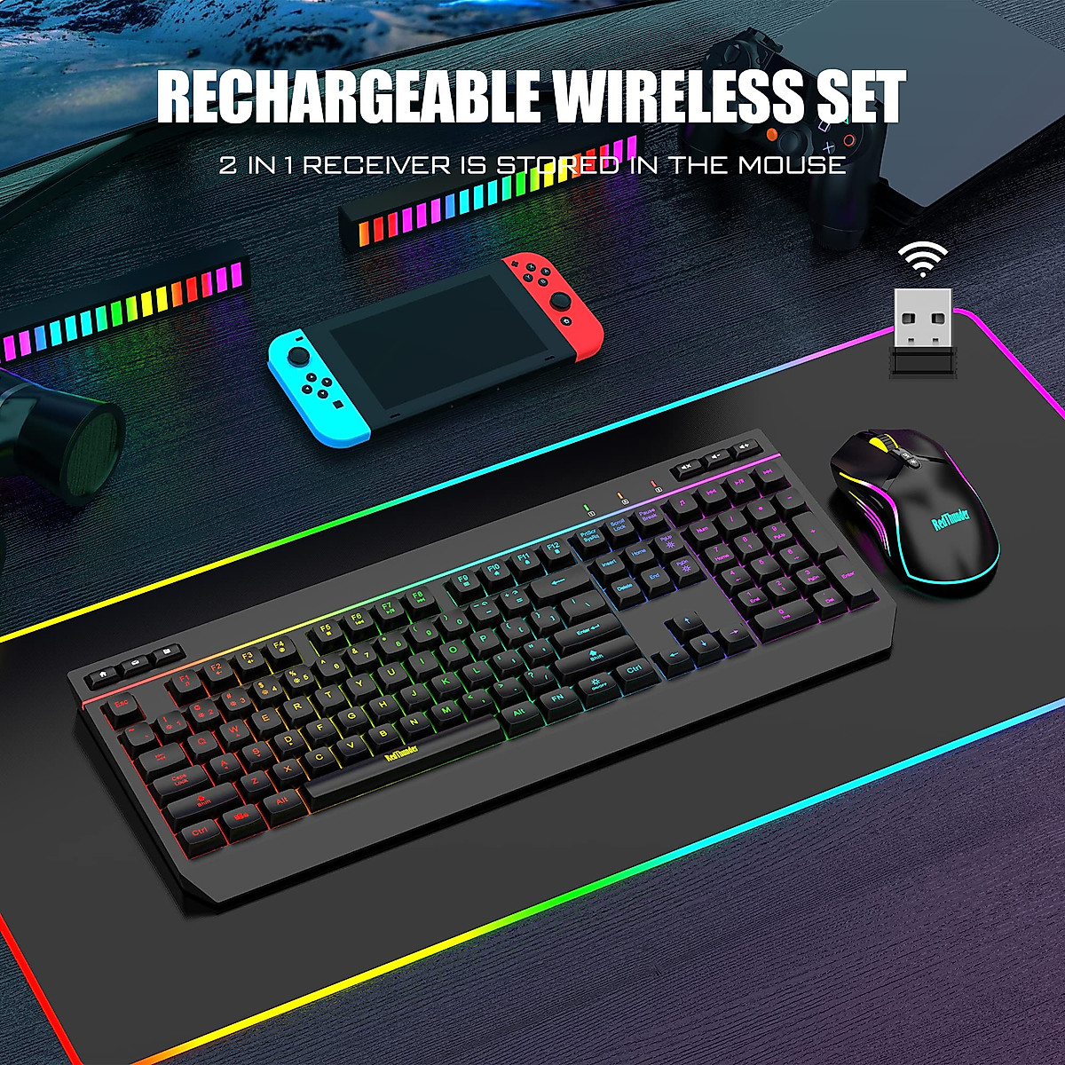 RedThunder K20 Wireless Keyboard and Mouse Combo, Full Size Anti-Ghosting Keyboard with Multimedia Keys + 7D 4800DPI Optical Mice, Rechargeable RGB Gaming/Office Set for PC Laptop Mac Xbox (Black)