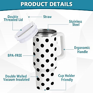 Black White Polka Dot Print Tumbler with Handle and Straw Lid, 40 oz Insulated Coffee Cup Stainless Steel Water Bottle Travel Mug Cupholder Friendly,Gifts for Women Men