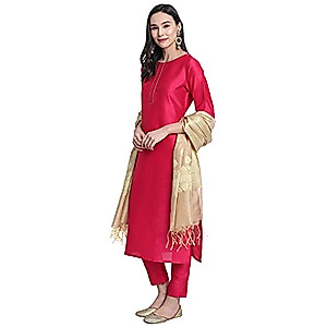 Janasya Women's Pink Poly Silk Kurta with Pant and Dupatta