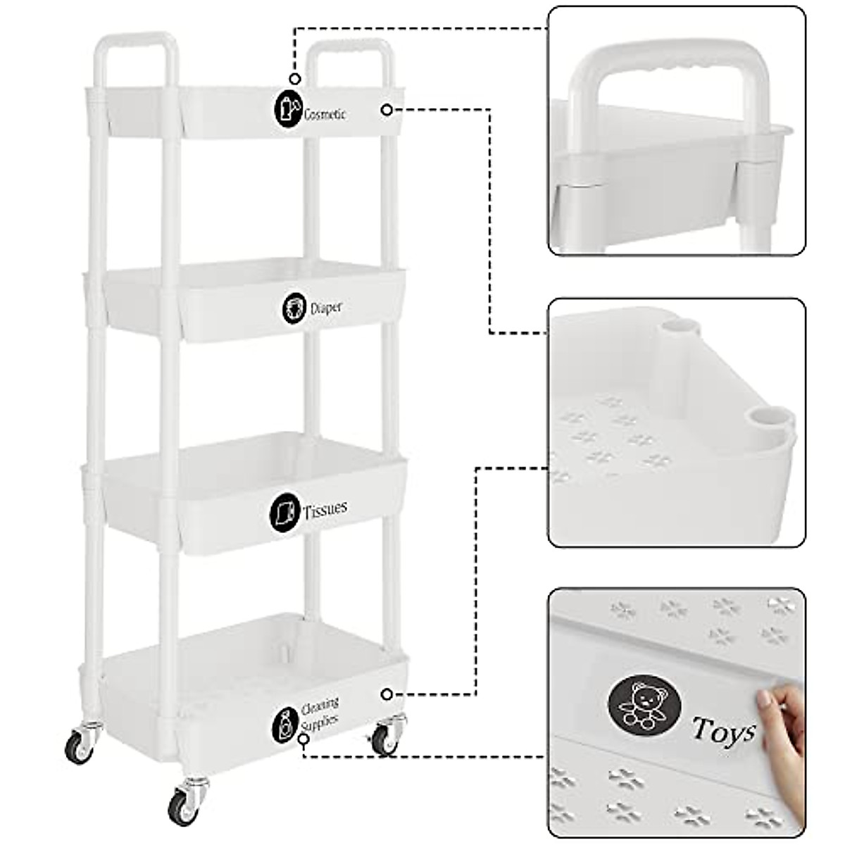 UDEAR 4-Tier Rolling Utility Cart with 12 Category Labels,Multifunctional Storage Shelves with Handle and Lockable Wheels for Room,Office,Kitchen,Bathroom,White