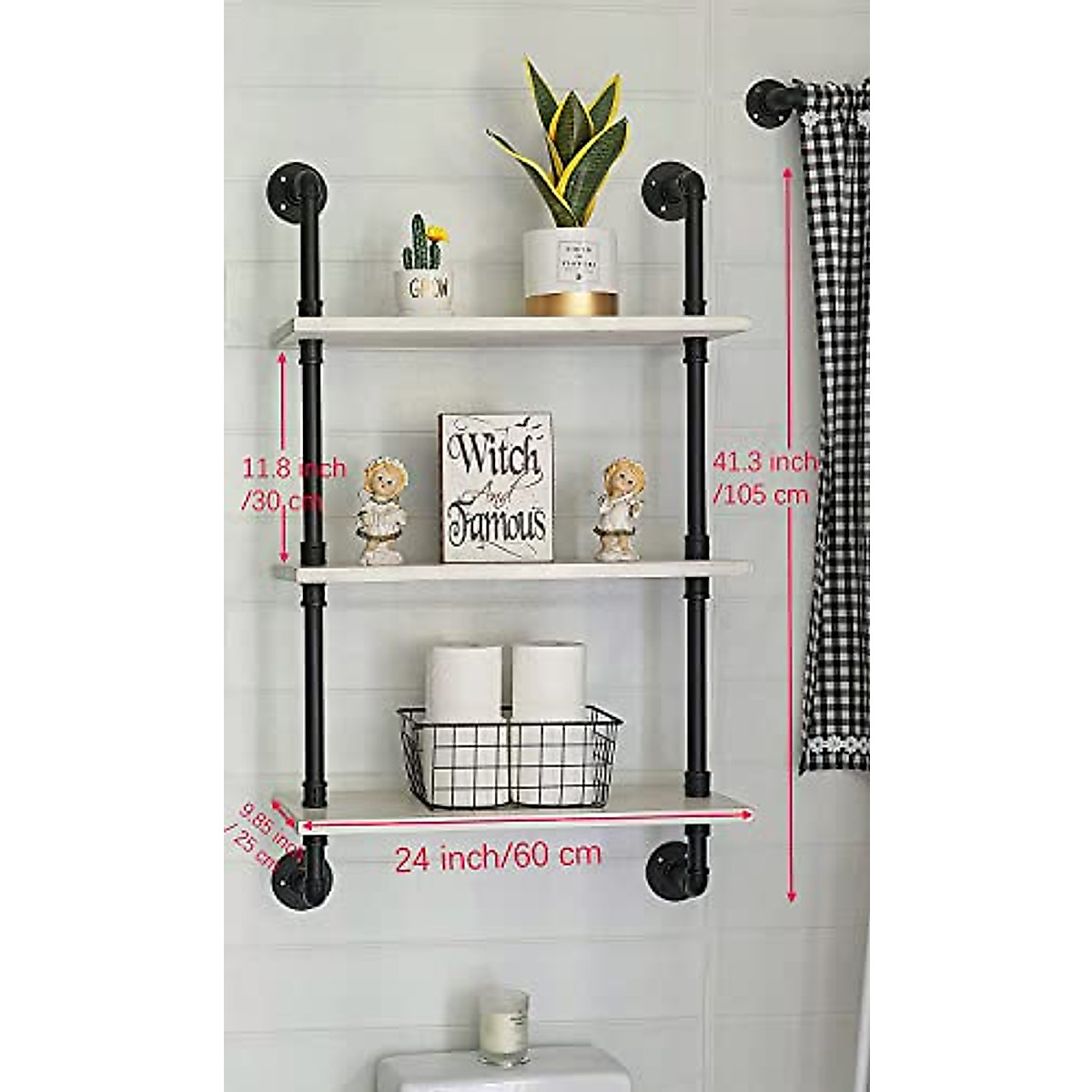 HDDFER Industrial Pipe Shelving Rustic White Pipe Wall Shelves Industrial Bathroom Shelves with Wood Planks Industrial Floating Shelves 24 Inch Farmhouse Bathroom Pipe Shelves Wall Mounted…