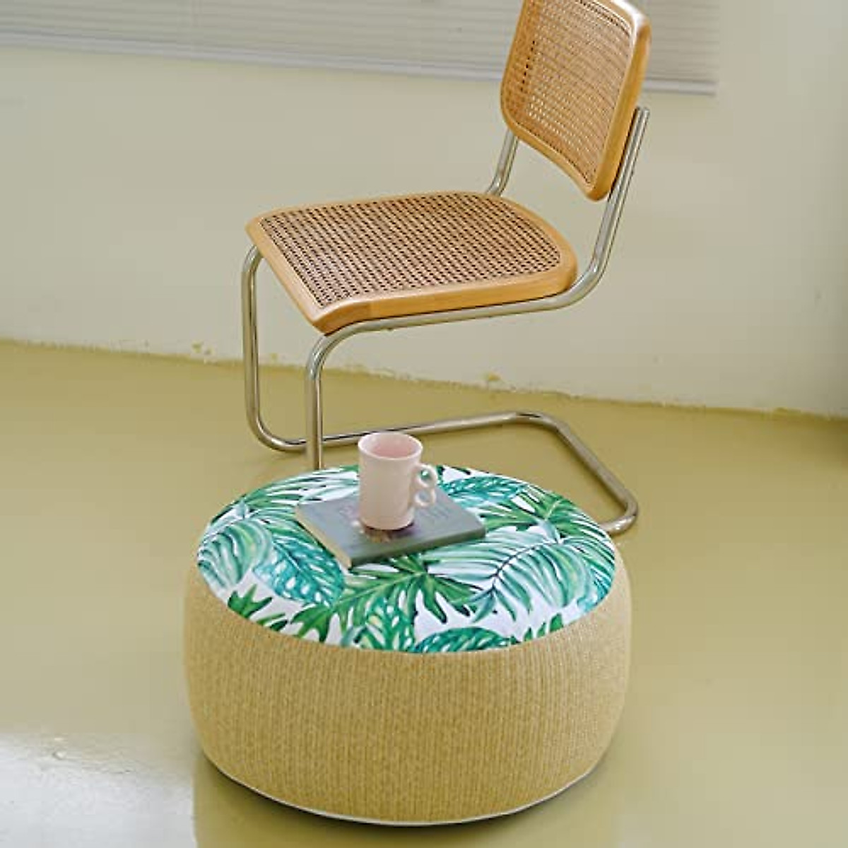 weruisi Woven Inflatable Ottoman with Air Pump D21”x H10” Outdoor Indoor Pouf Patio Footrest Stool with Portable Handle, Round Ottoman for Patio Garden, Camping, Bedroom, Living Room…