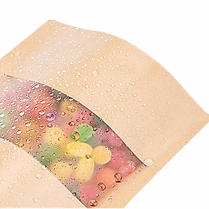 Kingrol 300 Pack 3.5 x 5.5 Inch Mini Kraft Paper Bags with Resealable Lock Seal Zipper &Transparent Window, Stand Up Food Bags