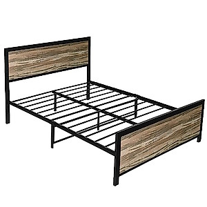 Catrimown Queen Size Bed Frame with Wooden Headboard and Footboard, Queen Platform Bed with Storage, Wooden Metal Bed Frame, Strong Slat Support/No Box Spring Needed/Easy Assembly, Industrial Brown