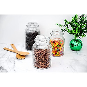 3pc Glass Canisters Set for Kitchen Counter with Airtight Lids - Retro Design - Pantry Organization Food Storage Containers for Cookies, Tea, Sugar, Candy Jars, Sugar Packet Holders, Great gift.