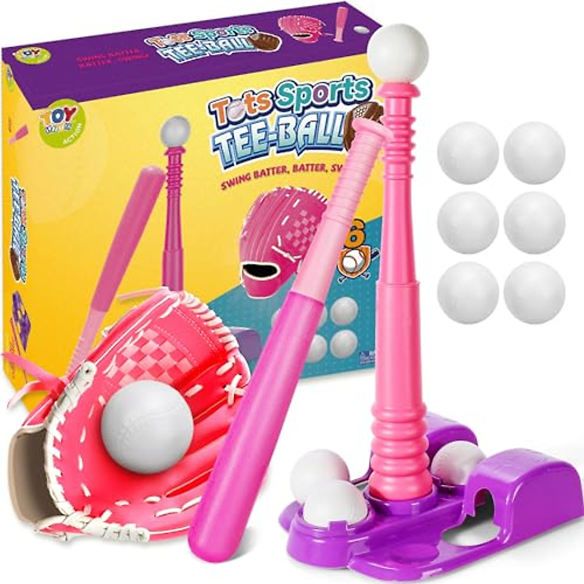 TOY Life Tball Set for Kids 3-5 T Ball Set Baseball Tee Toddler Girls T Ball Sets for Kids 5-8 Tball Bat Tee Ball Sets for Kids 3-5 Tball Set for Toddlers Outdoor Toddler Toys 6 T-Balls Glove